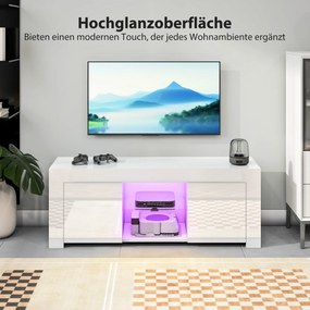 HOMCOM TV skříňka s LED osvětlením, 2 dveře skříně, skleněná police, otvory pro kabely, do obývacího pokoje, dřevotříska, bílá