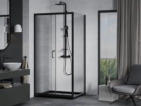 Mexen Apia sprchový kout s posuvnými dveřmi 140 (dveře) x 90 (stěna) cm, 5mm čiré sklo, černý profil + černá sprchová vanička s černým sifonem, 840-140-090-70-00-4070B