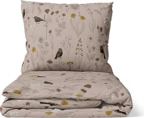 Krepové povlečení Ptáčci v kvítí - béžové Velikost: 140 x 220 + 70 x 90