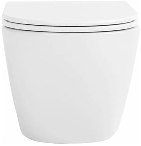 Rea Carlo Mini, závěsná záchodová mísa Tornado Rimless 485x365x350 mm + WC sedátko, bílá lesklá, REA-C8770