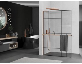 Mexen Kioto+ L, sprchová zástěna Walk-In s poličkou a věšákem 70 x 200 cm, 8mm čiré sklo černý vzor, ​​měděný matný profil, 800-070-123-65-78