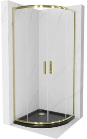 Mexen Rio, čtvrtkruhový sprchový kout s posuvnými dveřmi 80 (dveře) x 80 (dveře) x 190 cm, 5mm čiré sklo, zlatý profil + černá sprchová vanička SLIM, 863-080-080-50-00-4170G