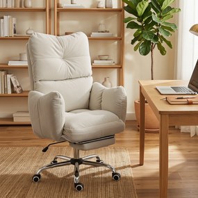 HOMCOM ergonomické kancelářské křeslo s podnožkou — krémově bílý flanel, silné čalounění, vysoké opěradlo, výškově nastavitelné