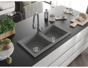 Mexen Mario, 2-komorový granitový dřez 820x436x161 mm a dřezová baterie Savita, šedá, 6504-71-672601-71