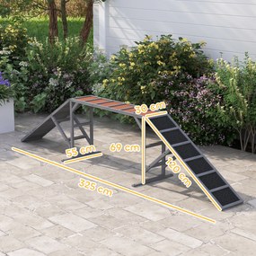 PawHut Agility lávka pro psy s bezpečnostní tyčí protiskluzový povrch odolný proti povětrnostním vlivům agility vybavení do 40 kg 335x55x60 cm šedá