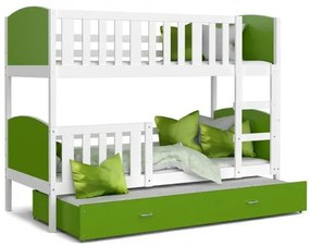 Dětská patrová postel TAMI 3 80x190 cm s bílou konstrukcí v zelené barvě s přistýlkou
