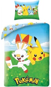 Bavlněné ložní povlečení Pokémoni - motiv Scorbunny a Pikachu - 100% bavlna - 70 x 90 cm + 140 x 200 cm