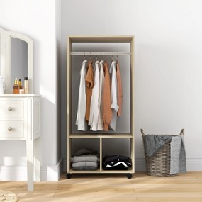 HOMCOM Skříň s kolečky - Otevřený design, organizér s šatní tyčí a policemi pro oblečení do ložnice 60x40x128 cm - Přírodní dřevo