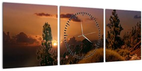 Obraz přírody se západem slunce (s hodinami) (90x30 cm)