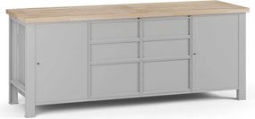 Dílenský pracovní stůl G7, buková spárovka, 2100 x 685 x 840 mm, 2x skříňka, 6 zásuvek, šedá