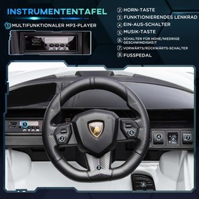 Dětské autíčko HOMCOM Lamborghini, s dálkovým ovládáním, 3 rychlosti, bezpečnostní pásy, hudební (MP3/USB) světlo, nosnost 25 kg, pro 37-60 měsíců, b…
