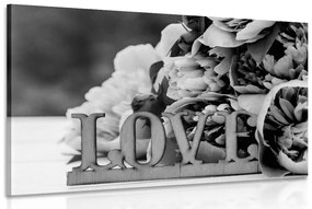 Obraz pivoňky s nápisem Love v černobílém provedení - 60x40 cm
