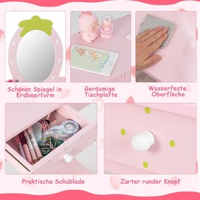 Costway Dřevěná 2 ve tvaru jahody v 1 Dětská make-upová sada se stoličkou