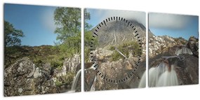 Obraz vodopádů a hory (s hodinami) (90x30 cm)