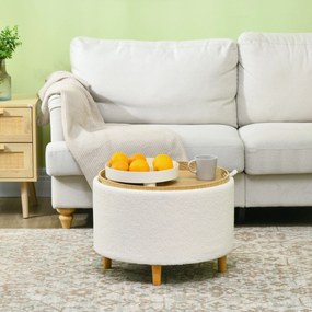 HOMCOM taburet Ø56 x 42 cm, kulatý čalouněný taburet s úložným prostorem a odklápěcím víkem, dřevěné nohy, ideální do obývacího pokoje a ložnice, bíl…