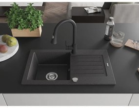 Mexen Pablo, 1-komorový granitový dřez 752x436x161 mm a dřezová baterie Elia, černá skvrnitá, 6510-76-670101-70
