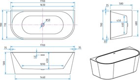 Erga Norah, volně stojící vana ke stěně 170x78 cm + odtoková zátka, bílá lesklá, ERG-NORAH-170078-WH-WH