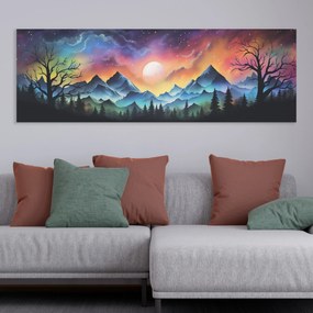 Obraz na plátně - Tmavé listnáče a barevná noční obloha FeelHappy.cz Velikost obrazu: 210 x 70 cm