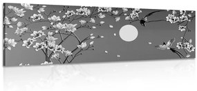 Obraz černobílé ptáčky na větvi stromu - 150x50 cm
