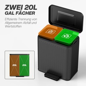 Kuchyňský odpadkový koš, 2 přihrádky po 20 l, efektivní třídění odpadu, nožní pedál, plast, kov, černý