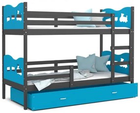 Dětská patrová postel MAX 200x90 cm s šedou konstrukcí v modré barvě s VLÁČKEM