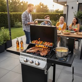 BPS-koupelny Plynový BBQ gril s boční plotýnkou, poličkou a krycí plachtou - , 2+1 hořák