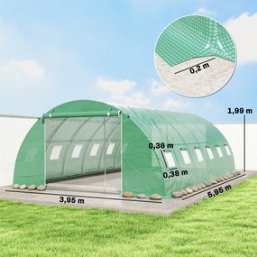 Outsunny venkovní tunelový skleník 6 x 4 x 2 m s pozinkovaným rámem, PE krytem, rolovacími dveřmi a síťovanými okny, zelený