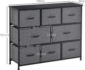 HOMCOM Komoda s 8 textilními zásuvkami, úložná skříň s úchyty, kovový rám, moderní design do ložnice a obývacího pokoje v tmavě šedé barvě