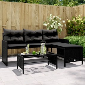 Zahradní pohovka ve tvaru L stolek a podušky černá polyratan - Default Title