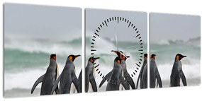 Obraz tučňáků u oceánu (s hodinami) (90x30 cm)