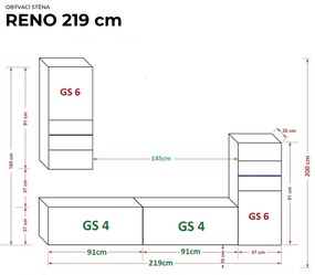 Ral Obývací stěna RENO 2, 219 cm - Bílý lesk