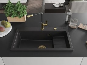Mexen Omar granitový dřez 1-komorový 800 x 480 mm, černý, zlatý sifon - 6520801005-77-G