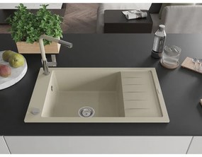 Mexen Elias, 1-komorový granitový dřez 795x480x200 mm a dřezová baterie Flora, béžová, 6511-69-670401-09