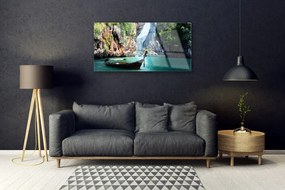 Obraz na skle Loď Jezero Skály Krajina 140x70 cm