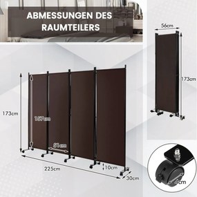 Costway Čtyřdílný paraván na kolečkách, výška 173 cm, hnědý