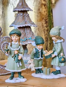 Zelená dekorace děvčátko se svíčkou a panenkou Children - 5*5*13 cm