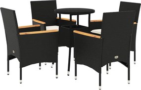 5dílný zahradní jídelní set s poduškami černý polyratan a sklo 3278722