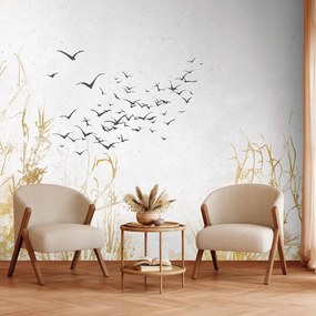 Fototapeta Odletující ptáci - minimalistický motiv s motivem zlatých rostlin