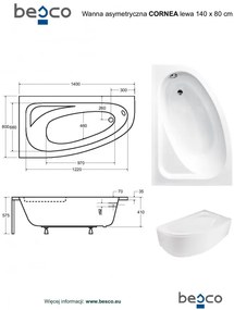 BESCO Asymetrická vana CORNEA Nožičky k vaně - Bez nožiček, Rozměr vany - 140 × 80 cm, Způsob provedení - Levé VANCOR140L