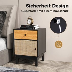 Costway Ratanový noční stolek se zásuvkou a skříňkou v boho stylu, černý