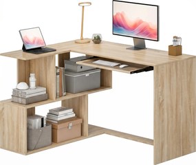 HOMCOM rohový stůl, 120 x 100 x 76 cm, L‑tvar psací stůl s výsuvem na klávesnici, 4 otevřené přihrádky, přírodní