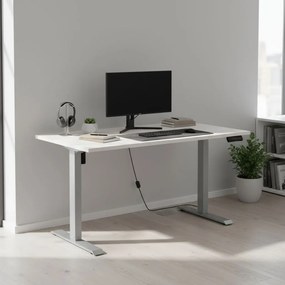 Výškově nastavitelný stůl OfficeTech B, 140 x 80 cm, šedá podnož, bílý jasan