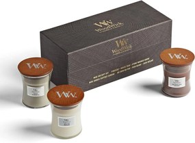 Dárková sada: Woody set 3x malá vonná svíčka s dřeveným knotem WoodWick 3x 85 g
