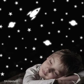 Crearreda Dětská svítící samolepka - Raketa, hvězdy, planeta, 15x31cm, 77226