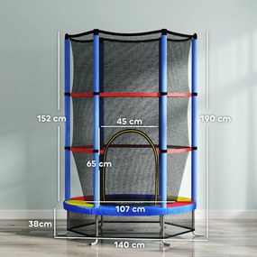 HOMCOM Dětský Trampolín, Ø140 cm Trampolín pro Děti s Ochrannou Síťí, Zahradní Trampolín pro Děti ve Věku 3-6 Let, Vnitřní, Vícebarevný
