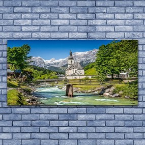 akrylový obraz Kostel Most Jezero Příroda 120x60 cm