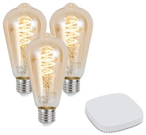 Sada 3 chytrých stmívatelných LED žárovek E27 ST64 4,9W 320 lm 2500K včetně Zigbee Smart Hub