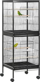 Ptačí klec PawHut na kolečkách Velká dvoupatrová voliéra s vyjímatelnými zásobníky, krmítky a bidly pro kanáry aandnbsp;and budgie 51.5x50x140 cm Čer…