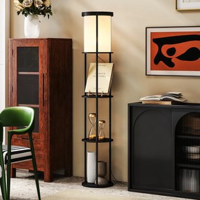 HOMCOM Stojací lampa s 3 policemi, kulatý design, dálkové ovládání, nožní spínač, nastavitelná teplota světla, pro obývací pokoj, černá