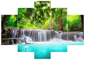 Gario Obraz s hodinami Nádherný vodopád v Thajsku - 5 dílný Rozměry: 150 x 70 cm
